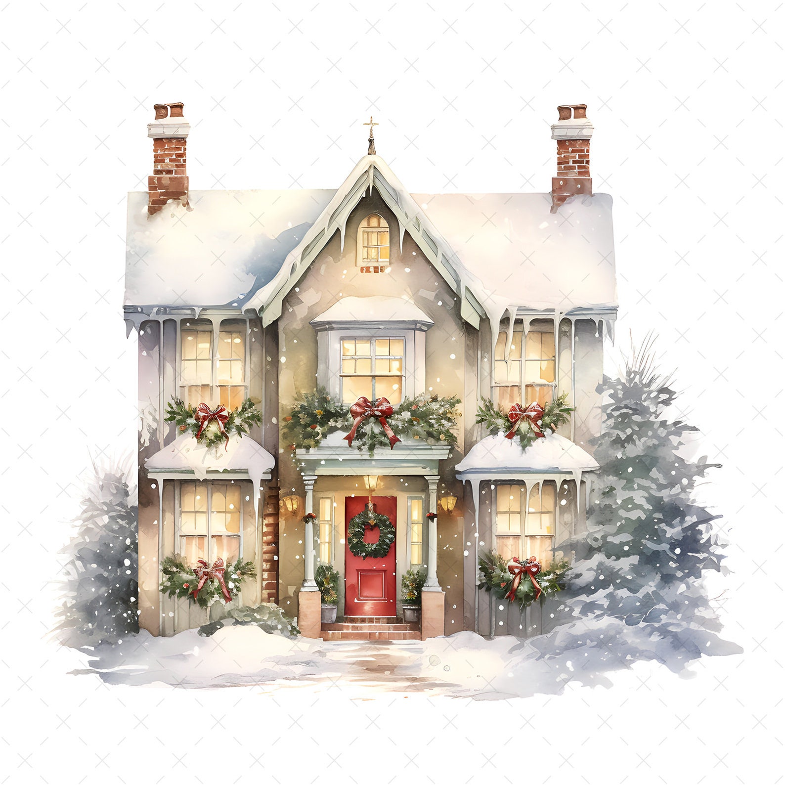 Christmas Homes Clipart 14 High Quality Jpgs Snow Scene Cosy Watercolor ...