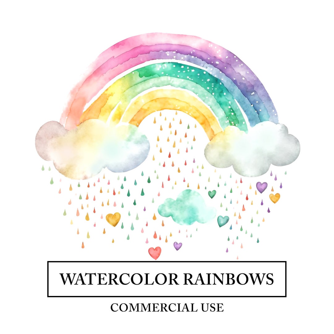 Rainbows Clipart 8 High Quality Jpgs Raining Heart Clouds Watercolor ...