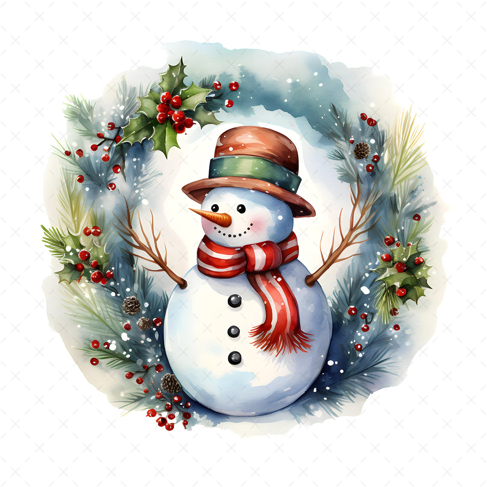 Snowman Wreaths Clipart 8 High Quality Jpgs Vintage Christmas Holly ...