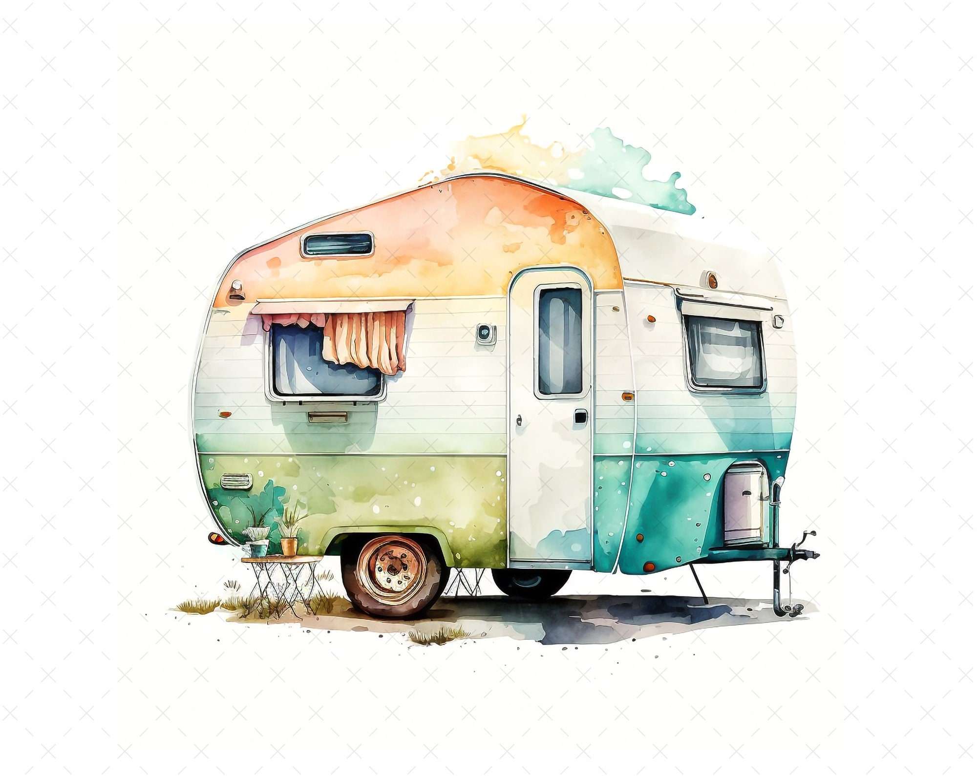Caravan Clipart 8 High Quality Jpgs Vintage Camping Holiday Watercolor ...