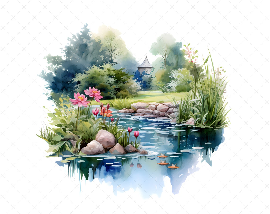 Garden Pond Clipart 8 High Quality Jpgs Watercolor Landscape Art Craft ...