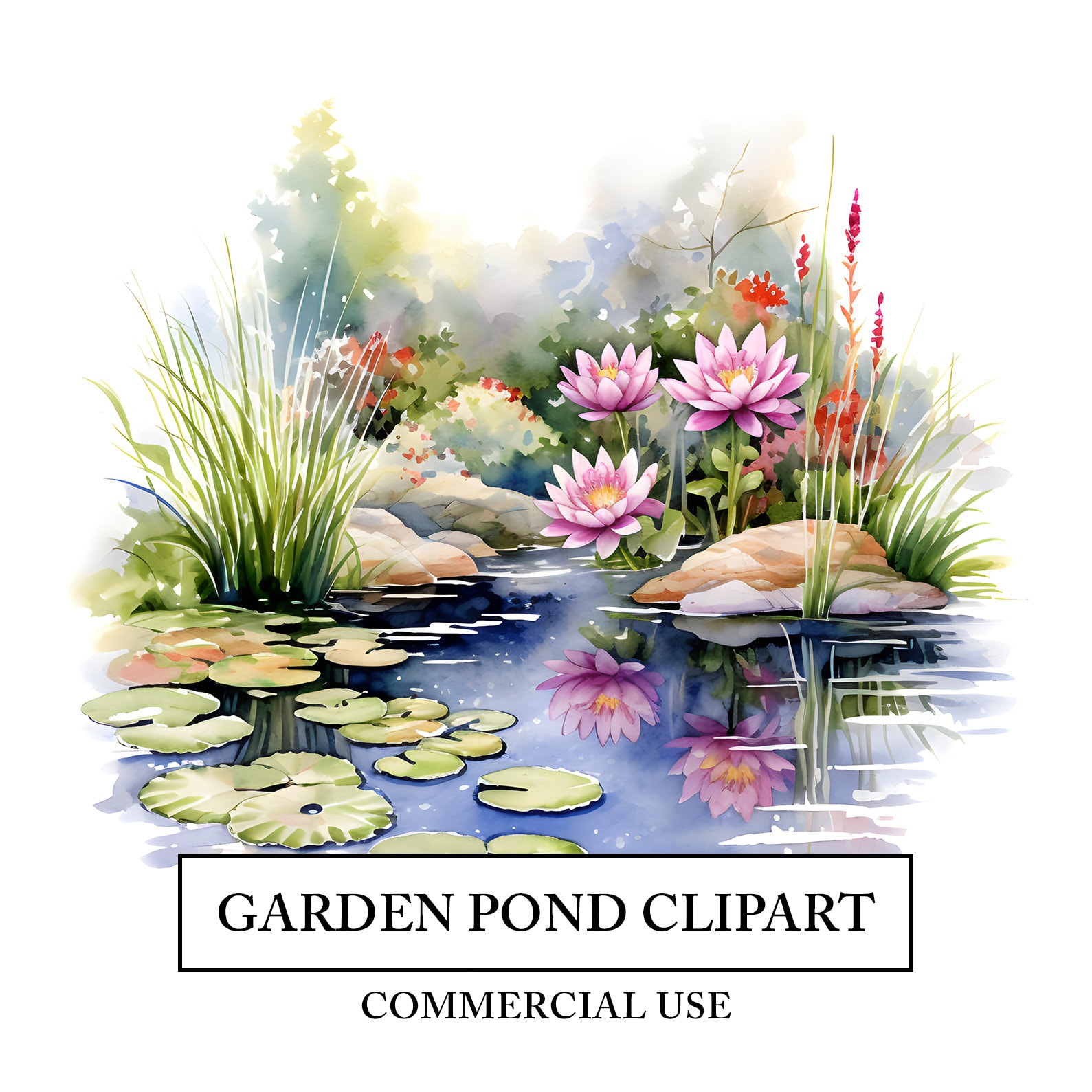 Garden Pond Clipart 8 High Quality Jpgs Watercolor Landscape Art Craft ...