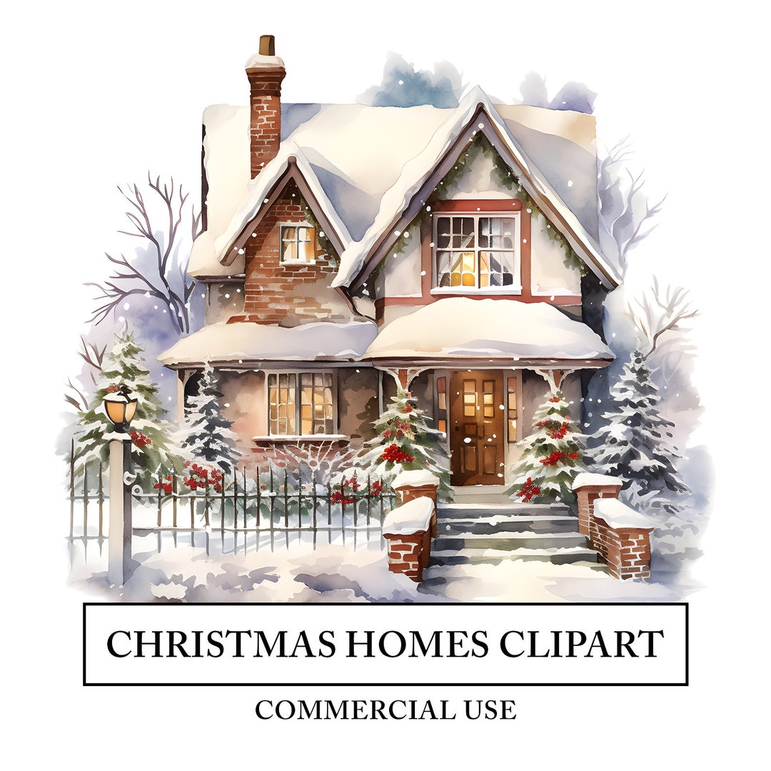 Christmas Homes Clipart 14 High Quality Jpgs Snow Scene Cosy Watercolor ...