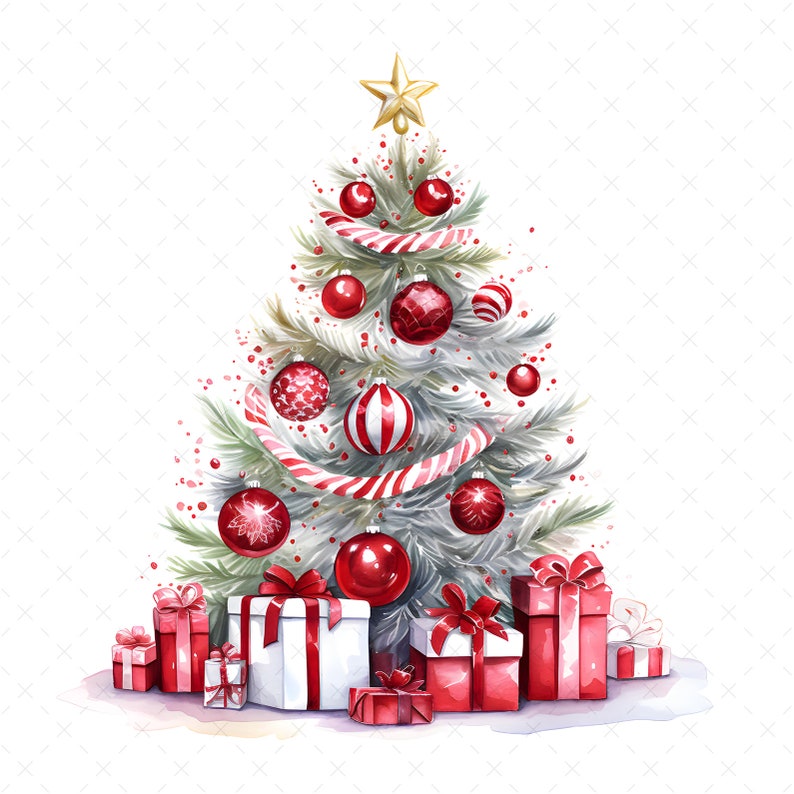Red & White Xmas Tree Clipart 16 High Quality Jpgs Vintage Christmas ...