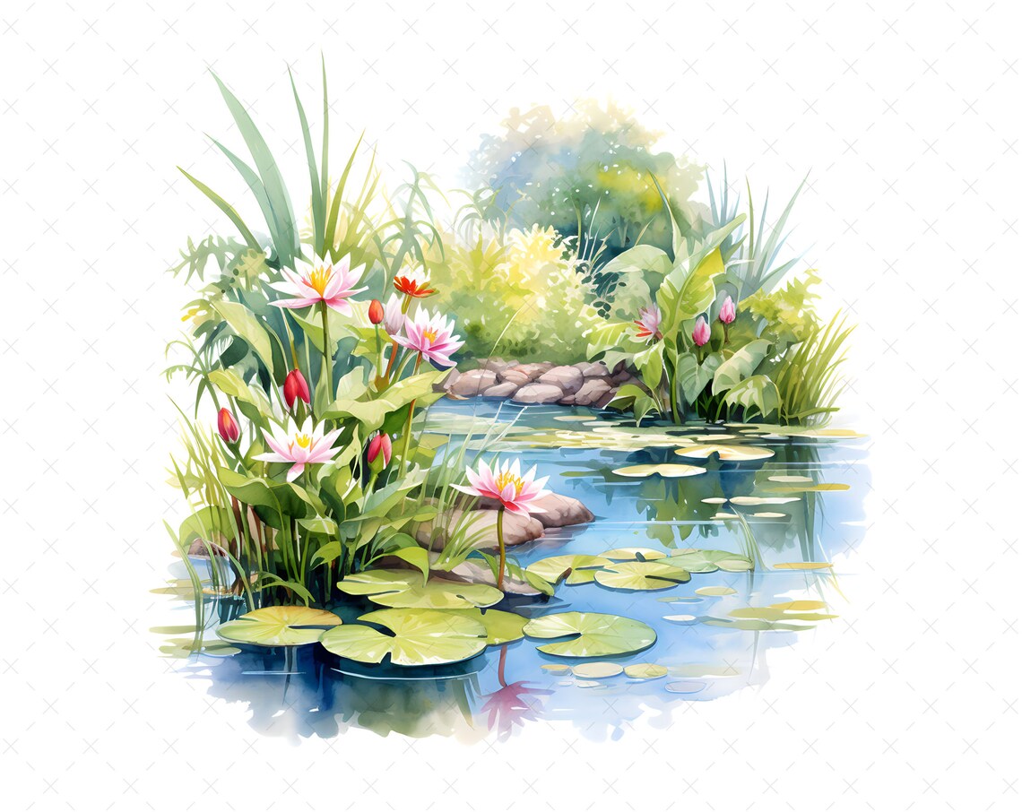 Garden Pond Clipart 8 High Quality Jpgs Watercolor Landscape Art Craft ...