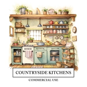 Countryside Kitchen Clipart 6 High Quality Jpgs Vintage Cottage Scene ...