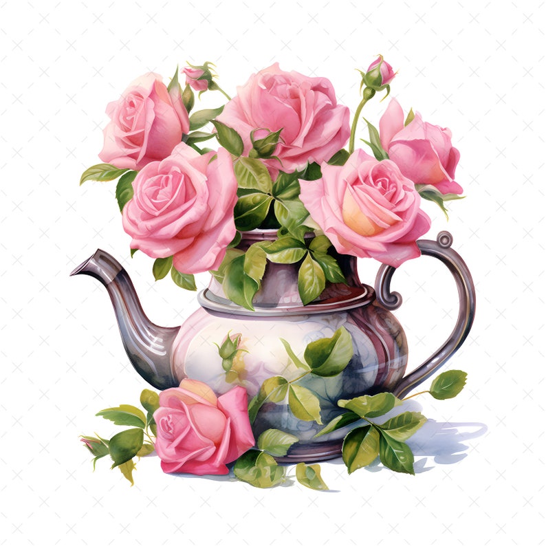 Tea & Roses Clipart 10 High Quality Jpgs Flower Teapot Vase Watercolor ...