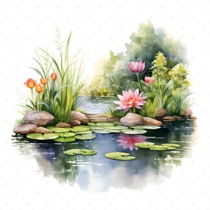 Garden Pond Clipart 8 High Quality Jpgs Watercolor Landscape Art Craft ...