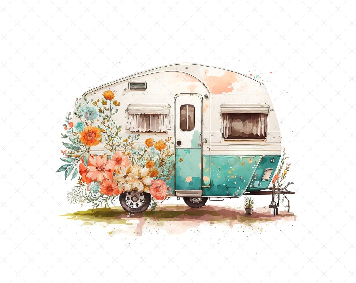 Caravan Clipart 8 High Quality Jpgs Vintage Camping Holiday Watercolor ...