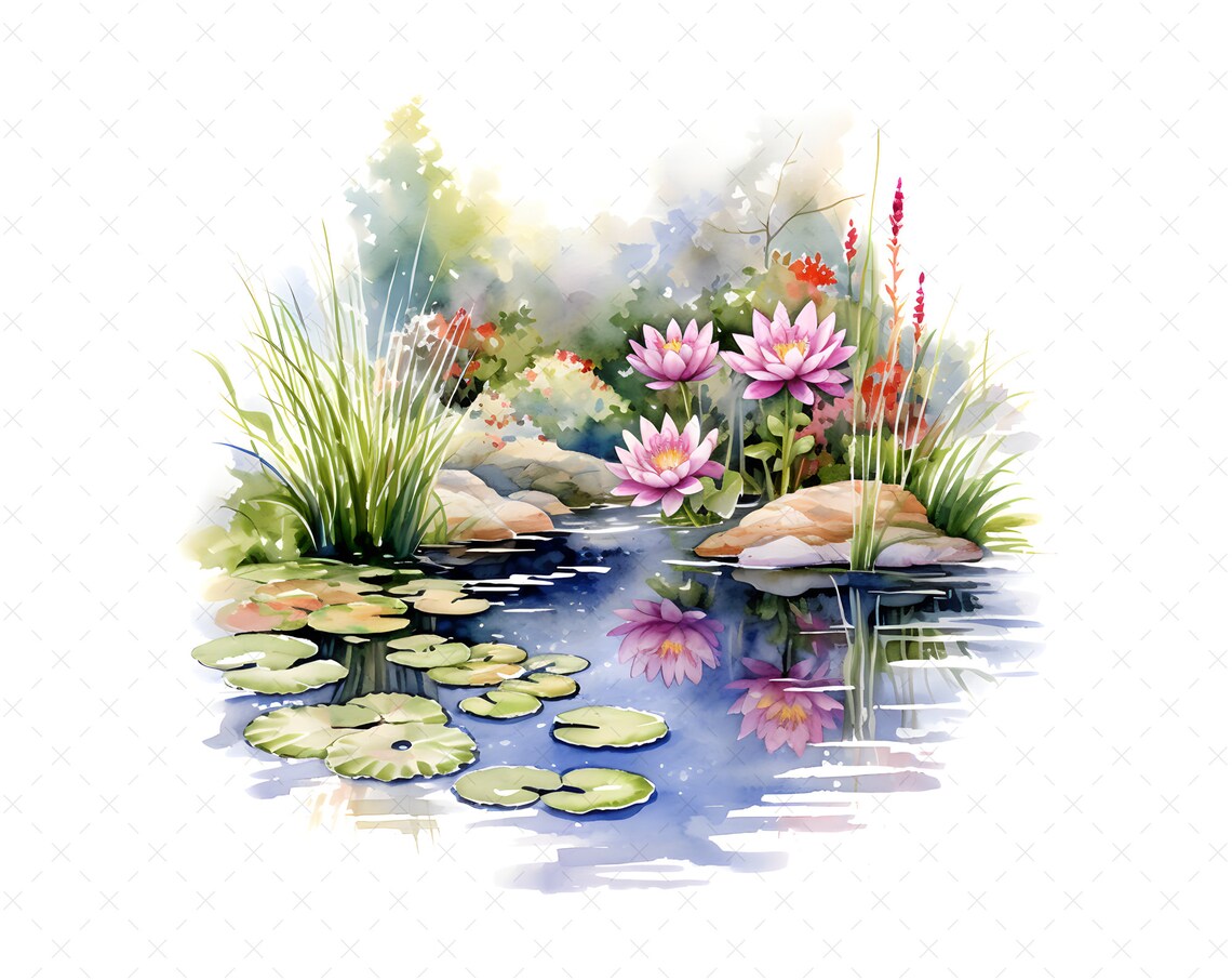 Garden Pond Clipart 8 High Quality Jpgs Watercolor Landscape Art Craft ...