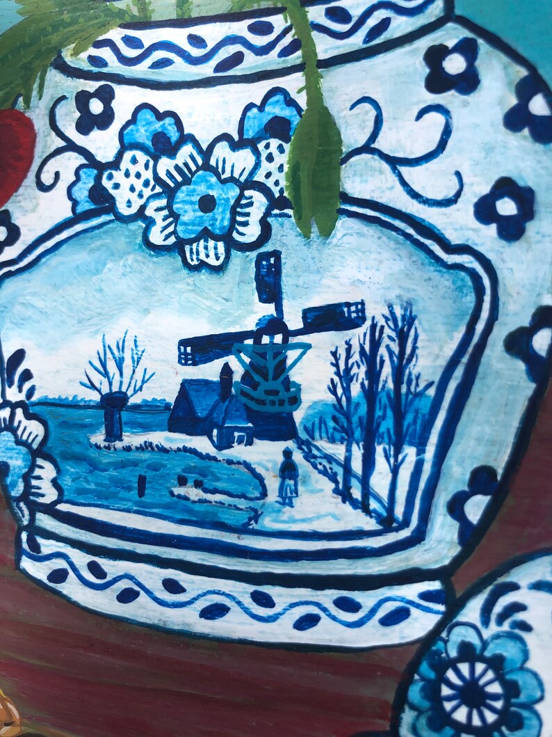 Handpainted Poppy Still Life Painting | Dutch Delft Blue Flower Vase ...