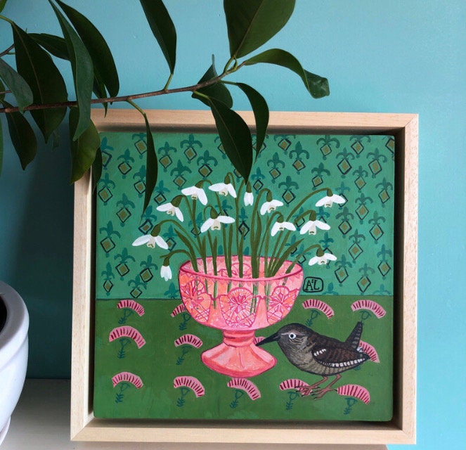 Handpainted Snow Drop With Little Wren Painting | Pink Depression Glass ...