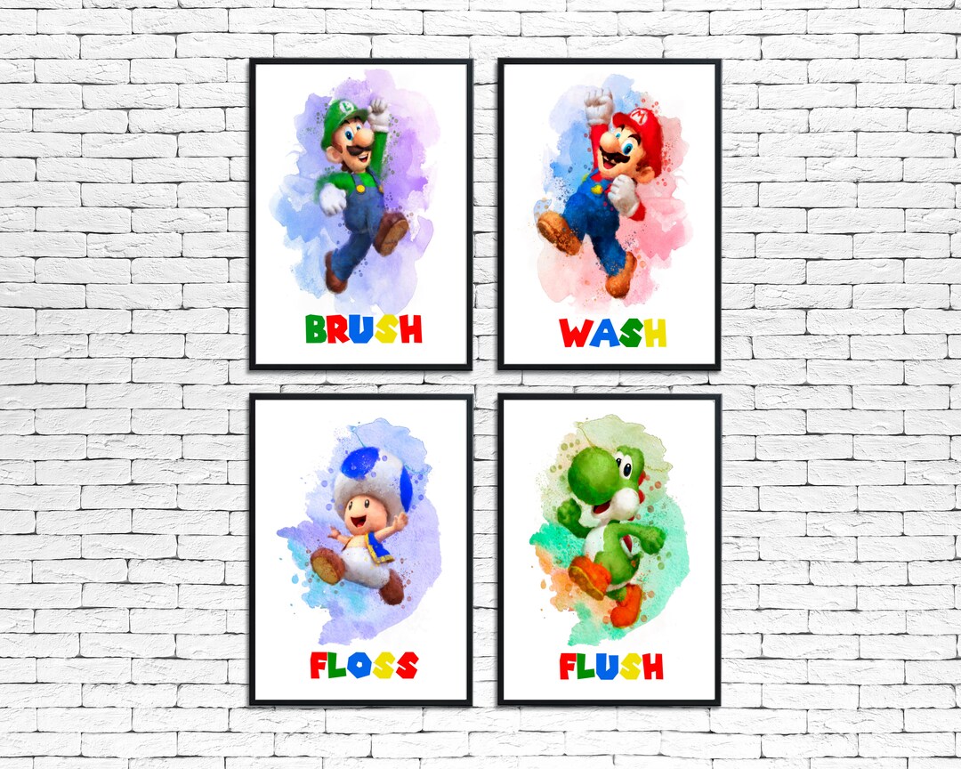 Mario Bathroom Quote Prints, Set of 4, Motivational Posters, Brush Wash ...