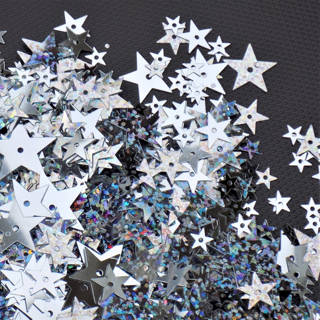 Silver Star Sequin Mix 20g. 100s of Silver Colour Metallic and Hologram Star Shape Sequins. Sew ...