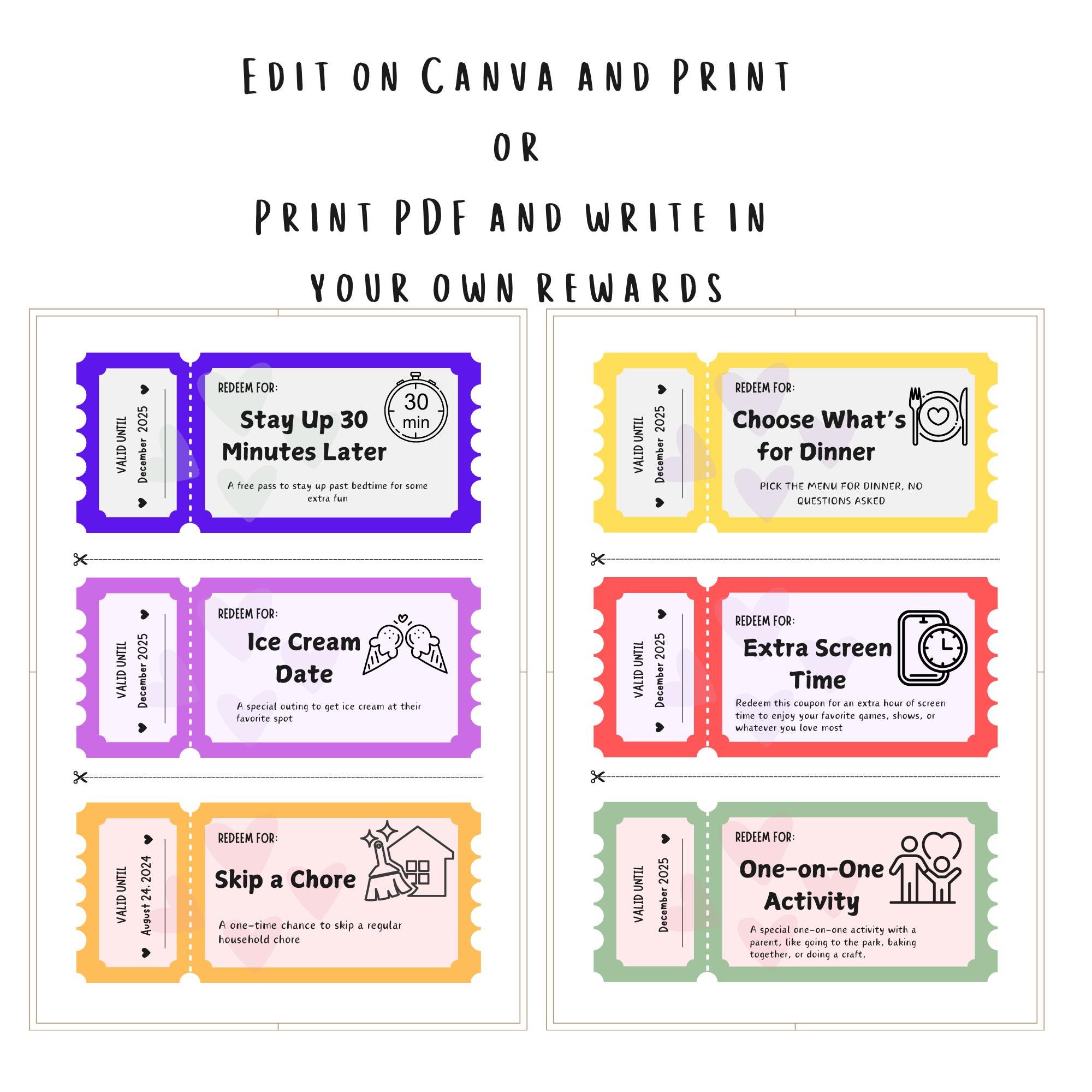 Customizable Kids Reward Coupons Printable Birthday Coupon Book for ...