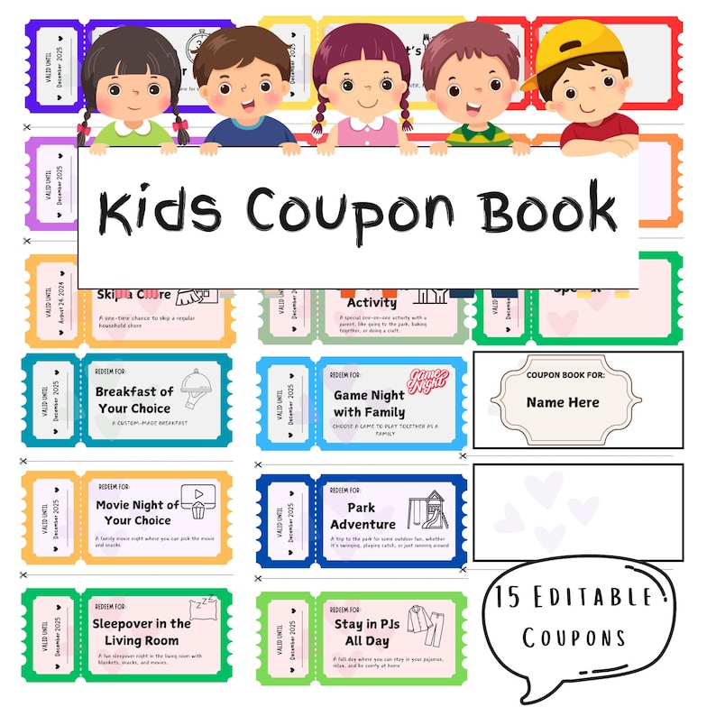 Customizable Kids Reward Coupons Printable Birthday Coupon Book for ...