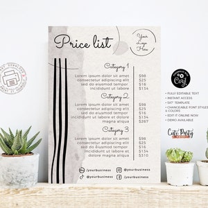 Price List Template Editable, INSTANT DOWNLOAD, Printable Price Sheet ...
