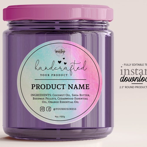Pink Gold Watercolor Round Product Label Editable Template - Etsy
