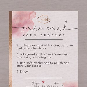 INSTANT DOWNLOAD Watercolor Pink Gold Printable Care Card Instructions ...