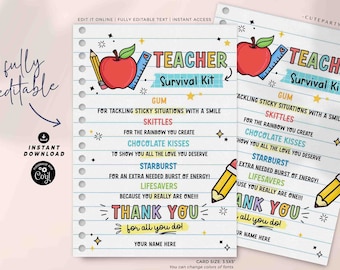 Editable Teacher Survival Kit Tag, Goody Bag, Funny Teacher and Staff ...