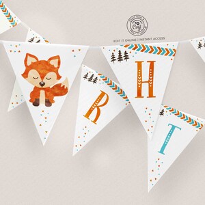 Editable Fox Happy Birthday Wall Banner, Woodland Fox Bunting Party ...