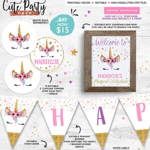 INSTANT DOWNLOAD Editable Unicorn Birthday Decorations Gold Unicorn ...