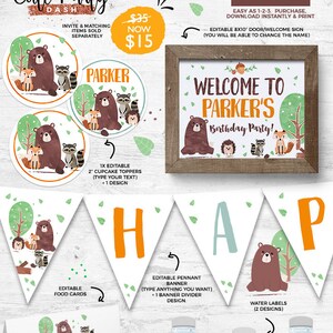 EDITABLE Woodland Birthday Decorations Woodland Animals | Etsy