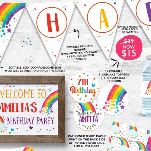 INSTANT DOWNLOAD Editable Colorful Rainbow Birthday Party - Etsy