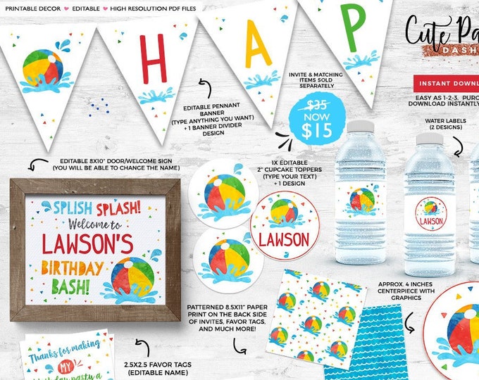 Pool Party Beach Ball Cake Topper With Name Pool Party Cake Topper ...