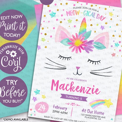 INSTANT DOWNLOAD Caticorn Birthday Party Invitation Cat - Etsy