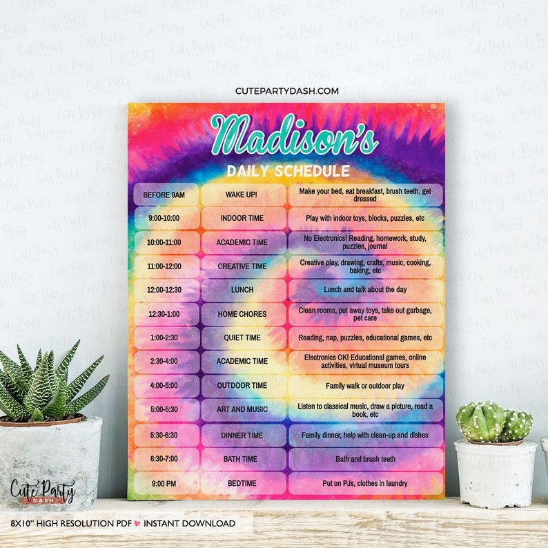 Tie Dye Back to School Daily Schedule Printable Editable - Etsy