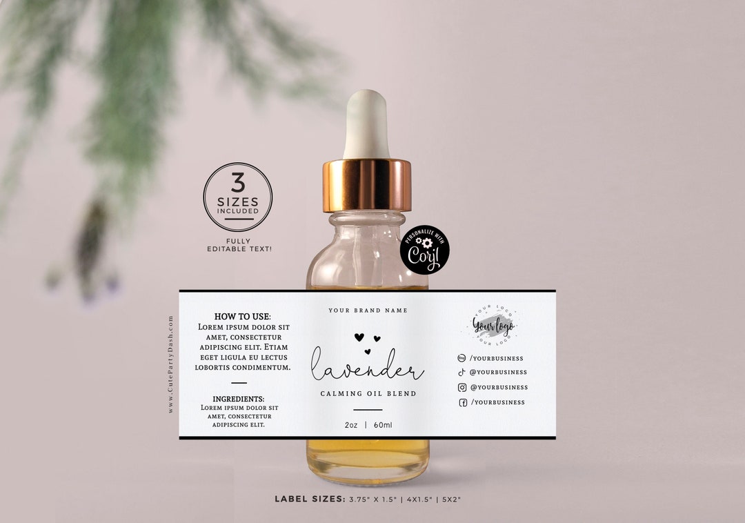 Essential Oil Label Template: Editable Product Label, 3 Sizes (instant ...