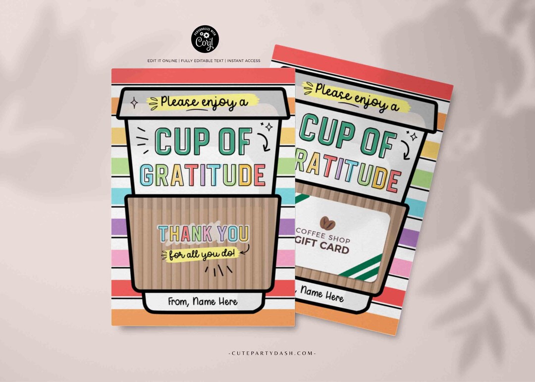 Cup of Gratitude Gift Card Holder: Coffee Thank You (printable Template ...