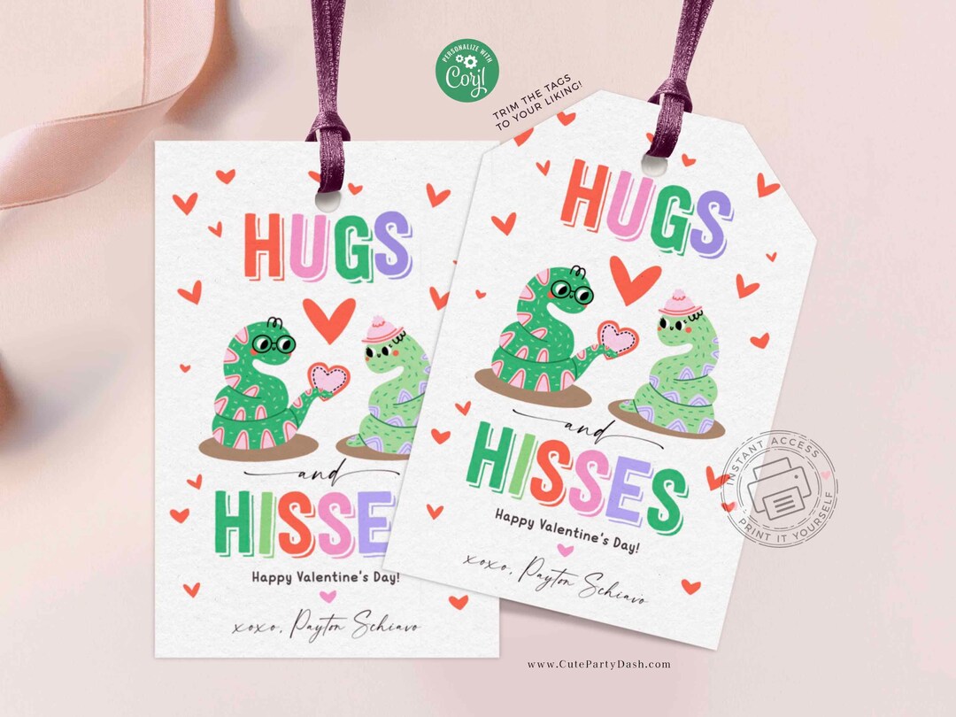 Hugs and Hisses Snake Valentine's Day Treat Tag, Non-candy Valentine ...