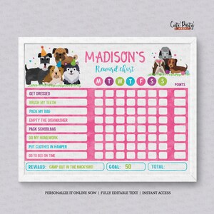Editable Puppy Dog Reward Chart for Girls, Printable Puppy Incentive ...