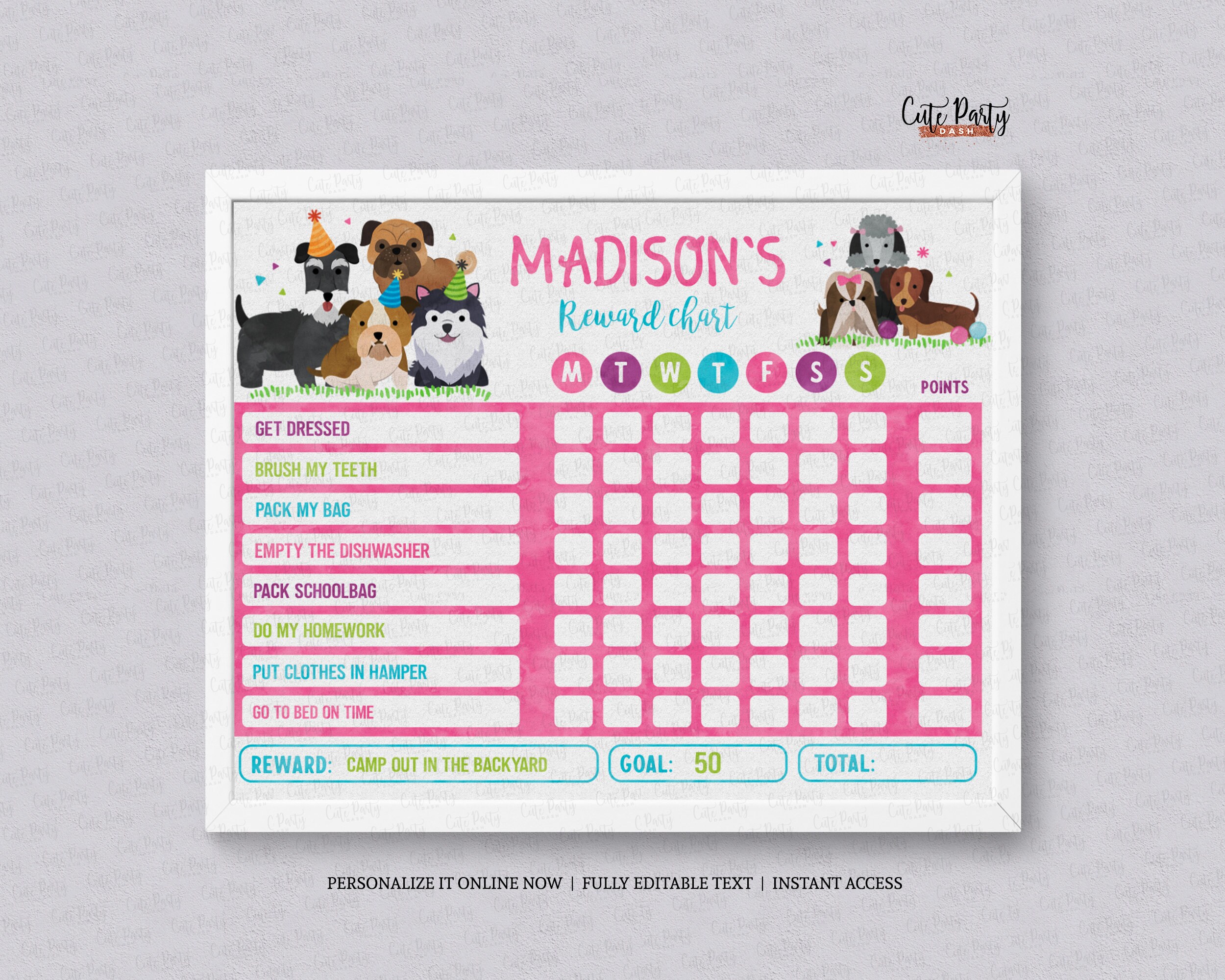 Editable Puppy Dog Reward Chart for Girls Printable Puppy - Etsy UK