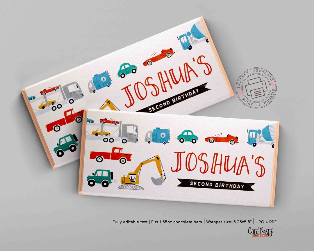 Transportation Birthday Chocolate Bar Wrapper: Cars & Trucks (editable ...