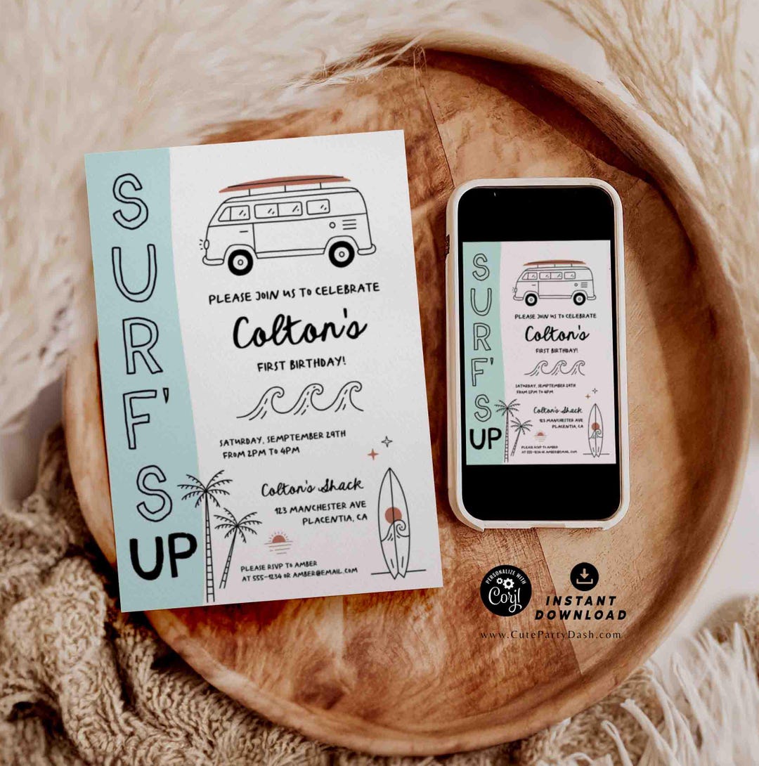 Surf's up Party Invitation INSTANT DOWNLOAD, Editable Modern Surf ...