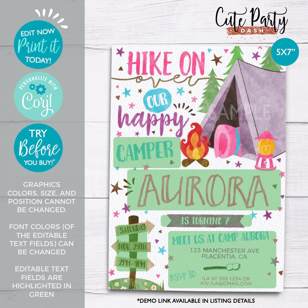 Camping Birthday Invitation Girl: Tent Party, Editable (digital ...