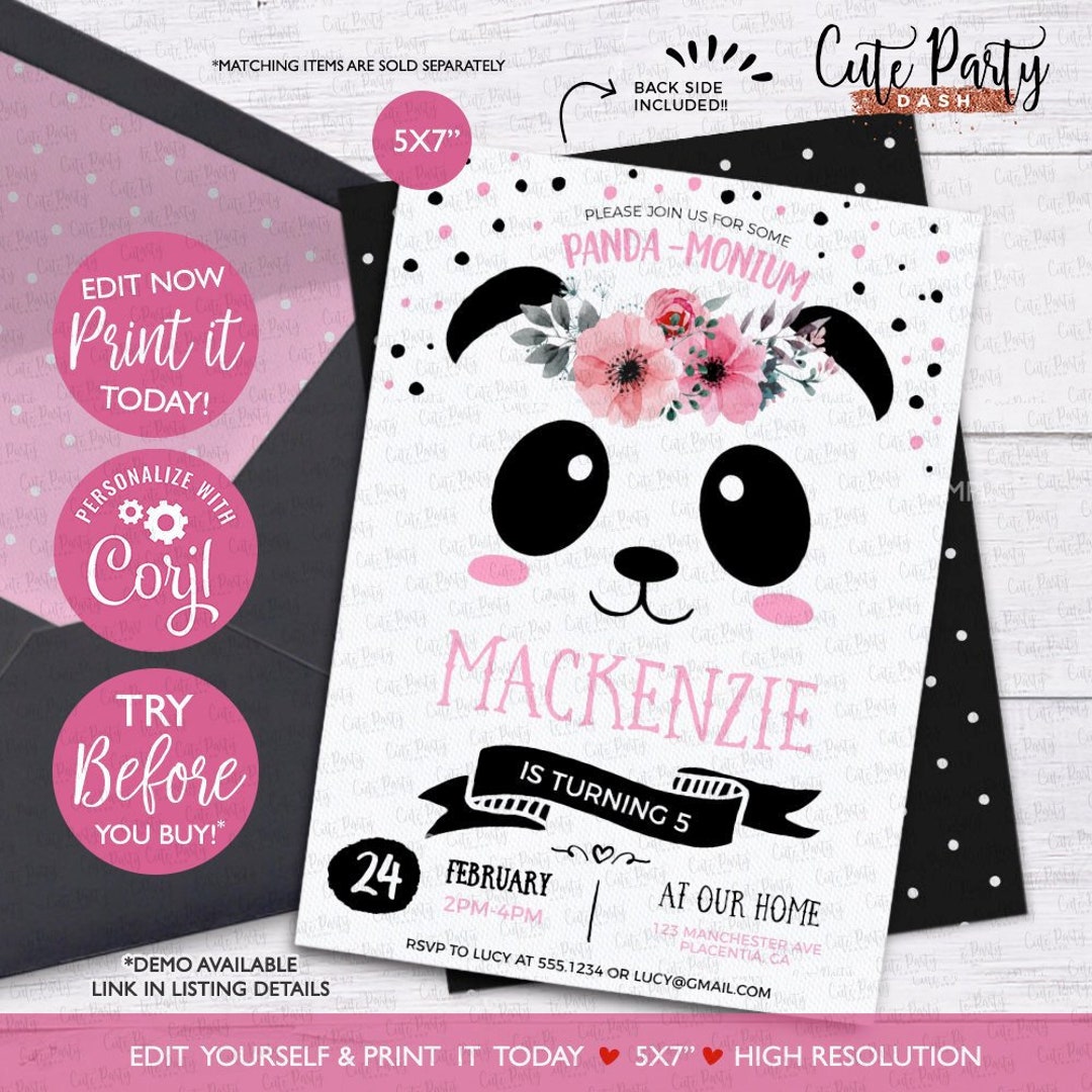 Panda Birthday Party Invitation Template INSTANT DOWNLOAD Floral Panda ...