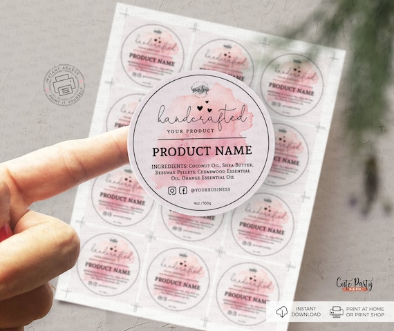 Pink Gold Watercolor Round Product Label Editable Template - Etsy