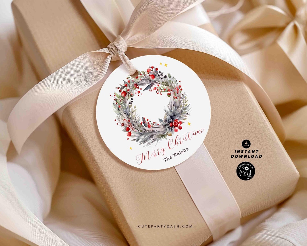 Christmas Wreath Gift Tag: Printable Holiday Sticker (instant Download ...