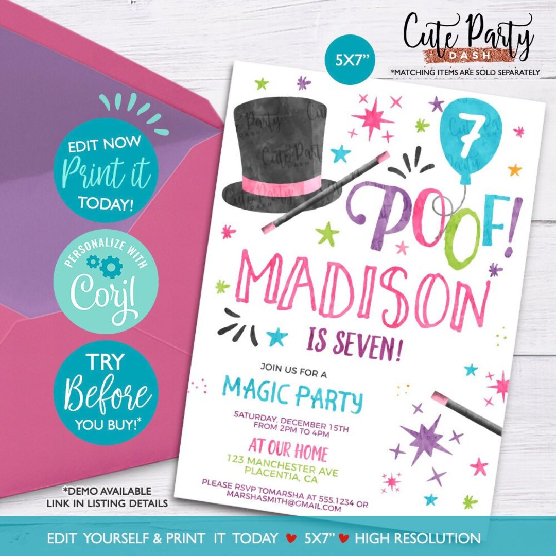 Editable Magic Birthday Invitation: Girl's Party, 5x7 (digital Download ...