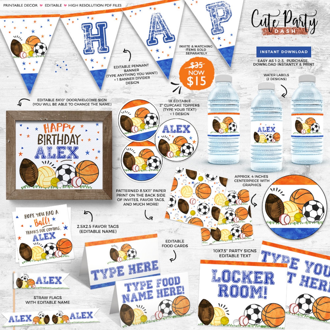 Sports Birthday Decorations INSTANT DOWNLOAD EDITABLE Sports Balls ...