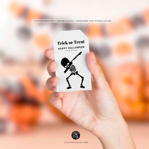 EDITABLE Halloween Minimalist Trick or Treat Gift Tag, Dabbing Skeleton ...