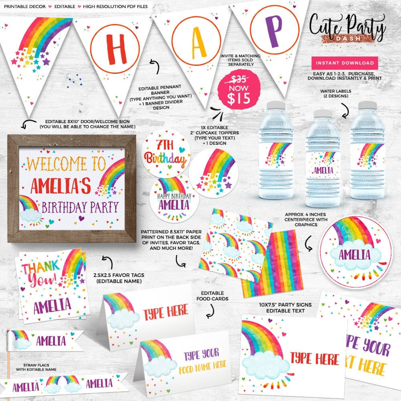 INSTANT DOWNLOAD Editable Colorful Rainbow Birthday Decor | Etsy