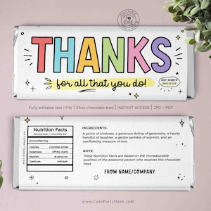 Thank You Gift Chocolate Bar Wrapper INSTANT DOWNLOAD Teacher Week ...