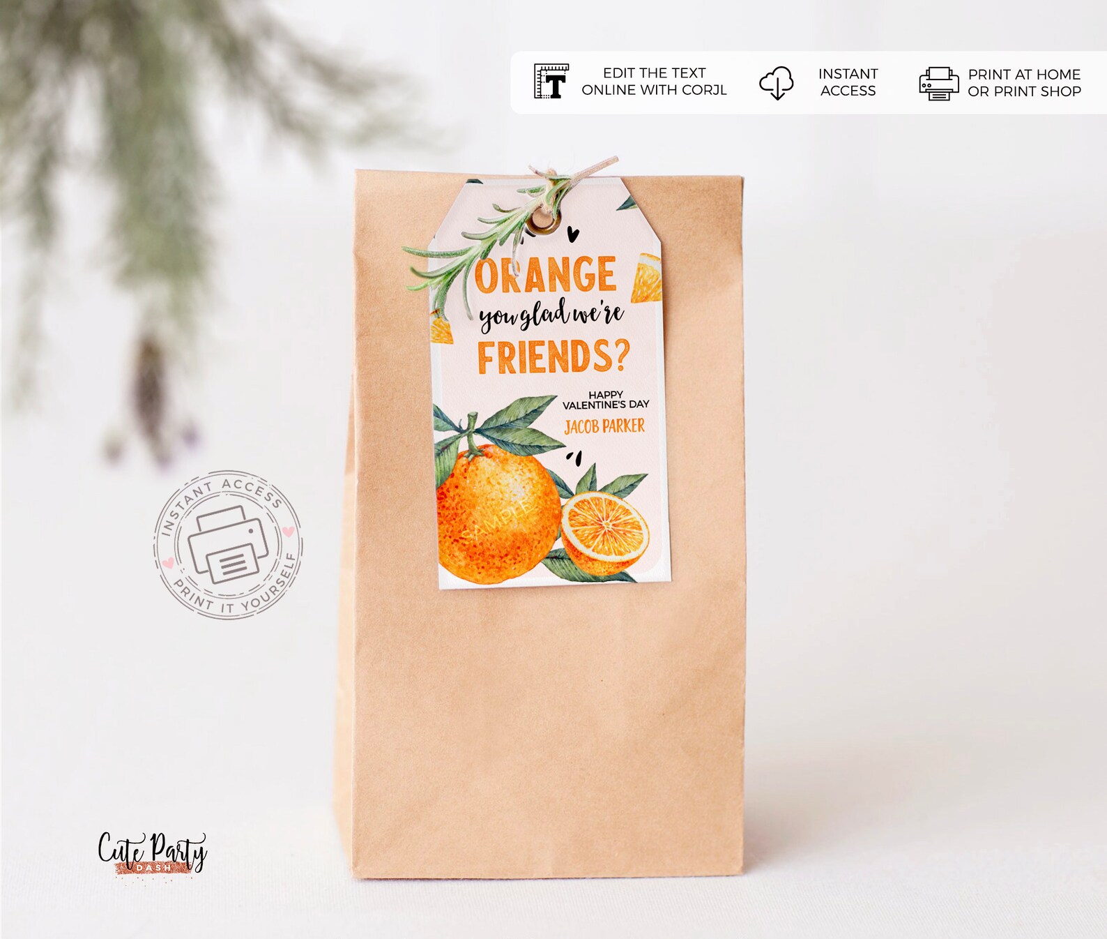 INSTANT DOWNLOAD, Orange Valentine's Day Tags, Valentine's Card for ...