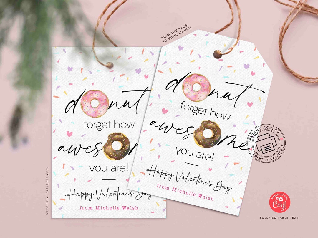 Kids Classroom Valentines Day Gift Tag Printable INSTANT DOWNLOAD Donut ...