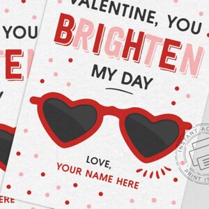 EDITABLE Heart Sunglasses Valentine's Day Tag, Non-candy You Brighten ...